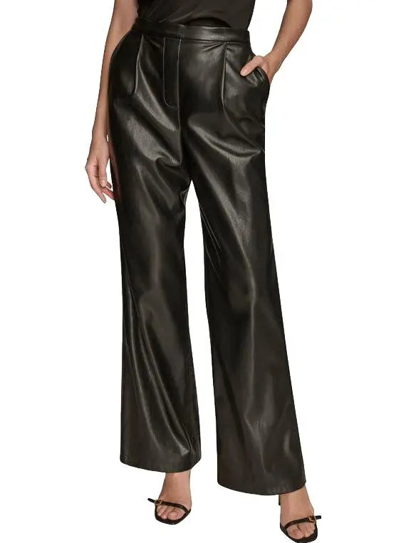 Donna Karan New York Pull On Faux Leather Wide Leg Pants - Black