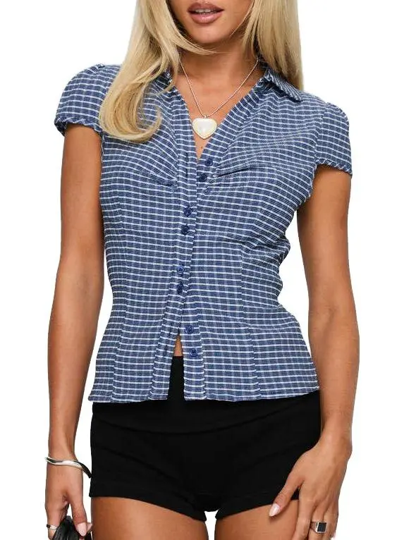 Princess Polly Arianwyn Check Cap-sleeve Shirt - Navy Check