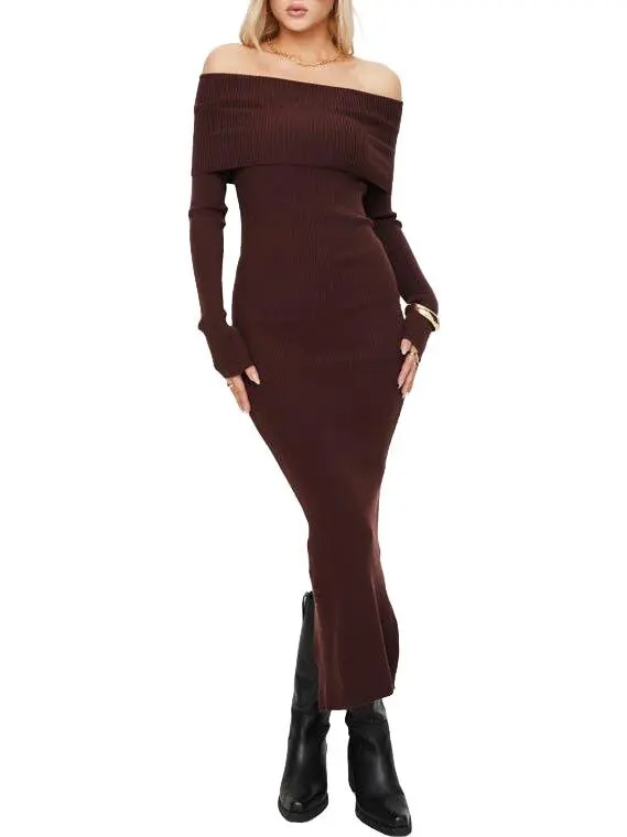 Princess Polly Phylis Off The Shoulder Long Sleeve Rib Maxi Dress - Chocolate