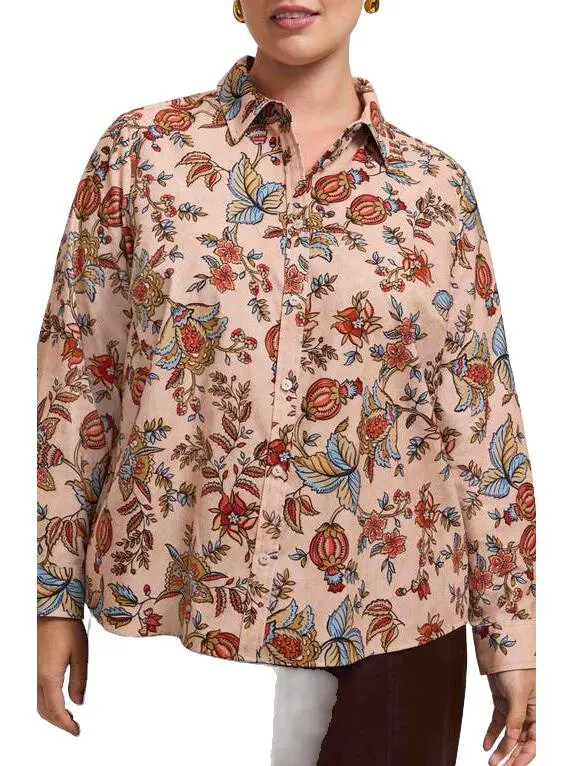 Foxcroft Hampton Autumn Floral Corduroy Button-up Shirt - Camel Multi