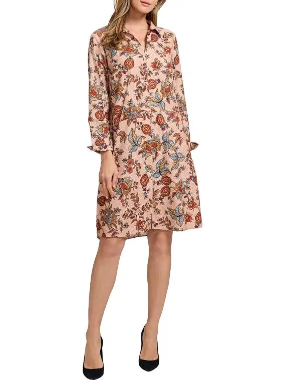 Foxcroft Agnes Autumn Leaf Print Corduroy Belted Dress - Camel Multi