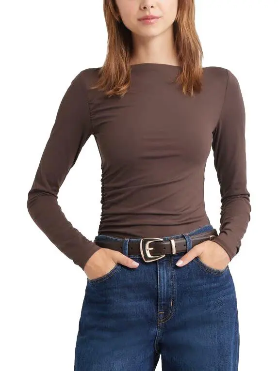 OPEN EDIT Ruched Side Top - Brown Seal