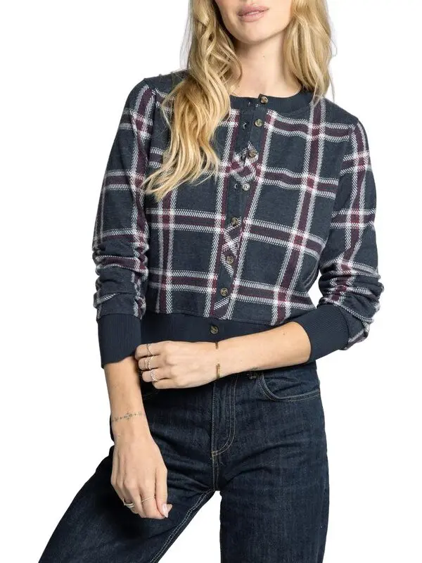 THREAD & SUPPLY Monica Cropped Cardigan - Black Red Plaid