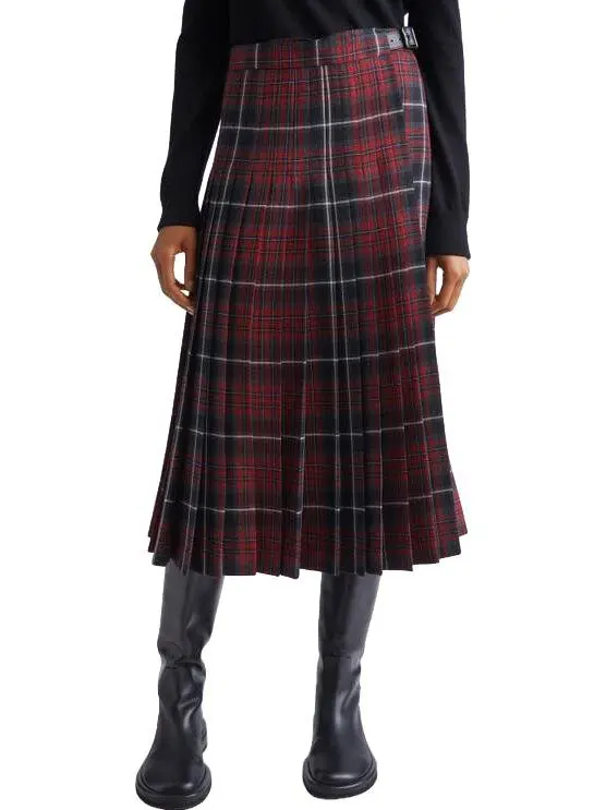 Burberry Tartan Pleated Midi Skirt - Cool Grey/cranberry Red Check