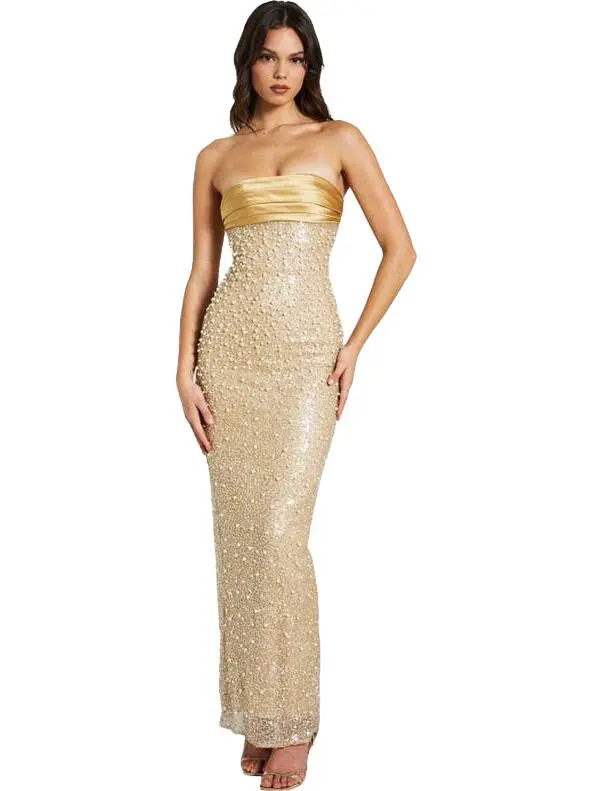 MISS CIRCLE Lainey Strapless Pearl Beaded Sequin Maxi Gown - Gold