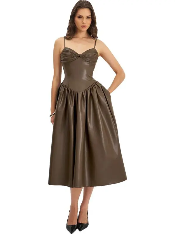 MISS CIRCLE Parisia Vegan Leather Drop Waist Maxi Dress - Brown