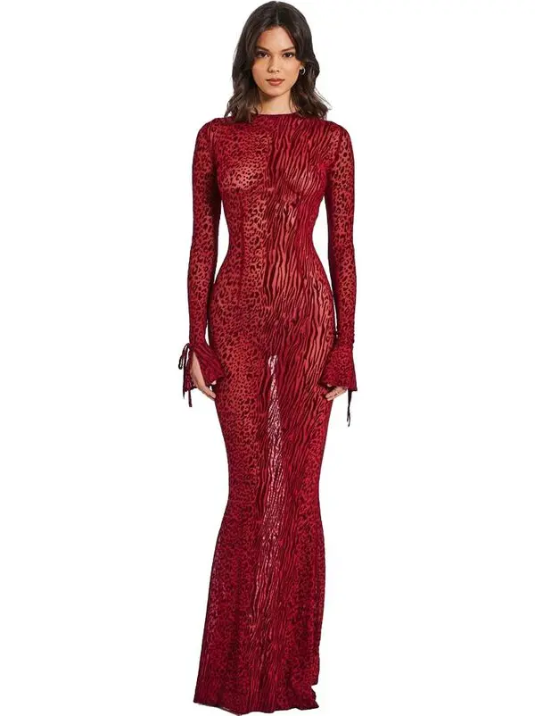 MISS CIRCLE Waylynn Burnout Velvet Maxi Dress - Burgundy