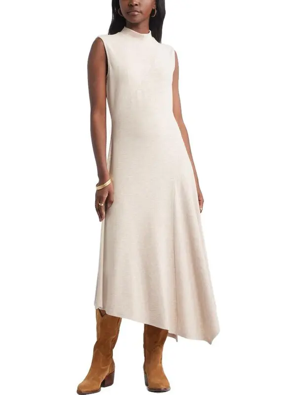 Treasure & Bond Mock Neck Asymmetrical Maxi Dress - Beige Oatmeal Light Heather