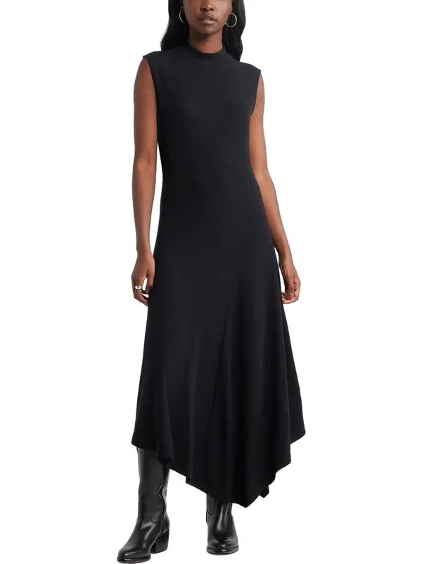 Treasure & Bond Mock Neck Asymmetrical Maxi Dress - Black