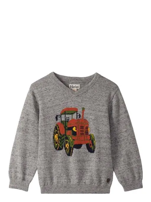 HATLEY Cotton Intarsia Tractor V-neck Sweater - Grey Speckle Melange