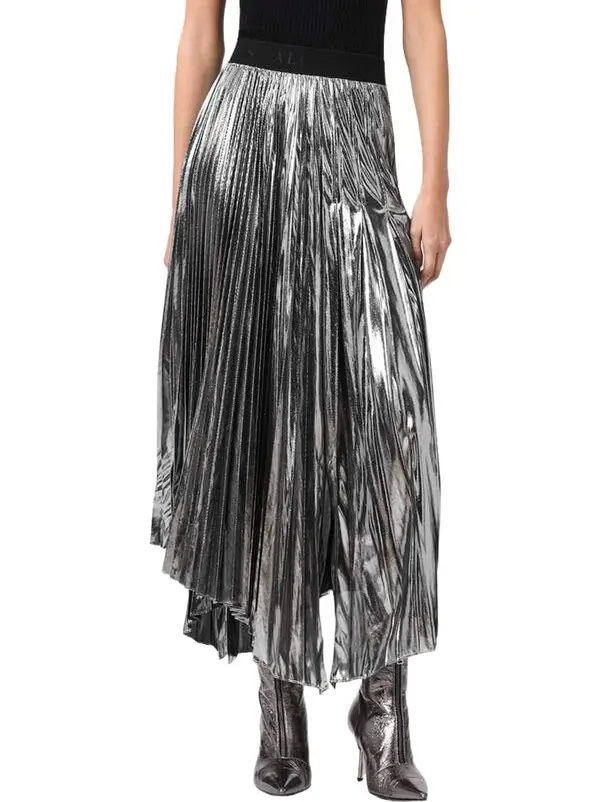 ALLSAINTS Jax Pleated Maxi Skirt - Metallic Silver