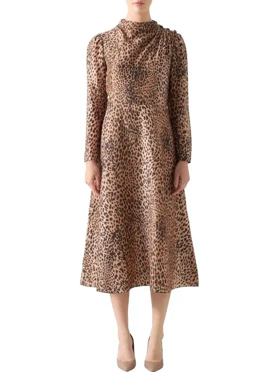 LK BENNETT Printed Long Sleeve Midi Dress - Brown