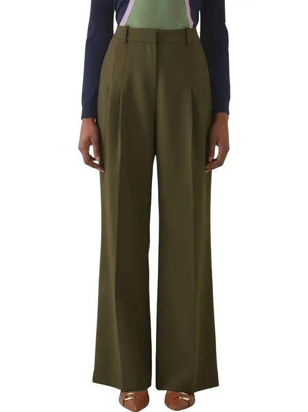 LK BENNETT Petra Pleated Wide Leg Trousers - Dark Khaki