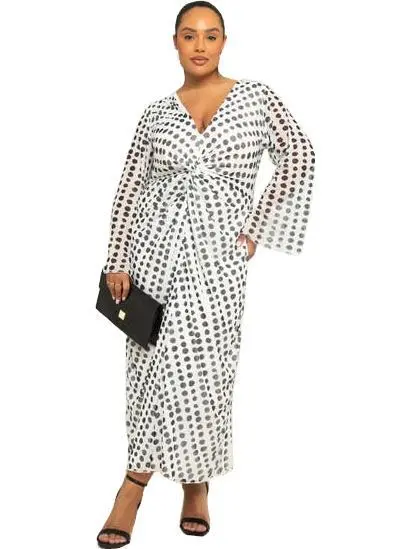 FASHION-SZN CURVE Long Sleeve Polka Dot Midi Dress - White