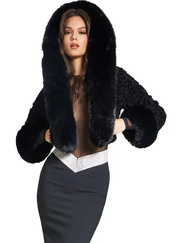 MISS CIRCLE Kali Cropped Faux Fur Hooded Jacket - Black