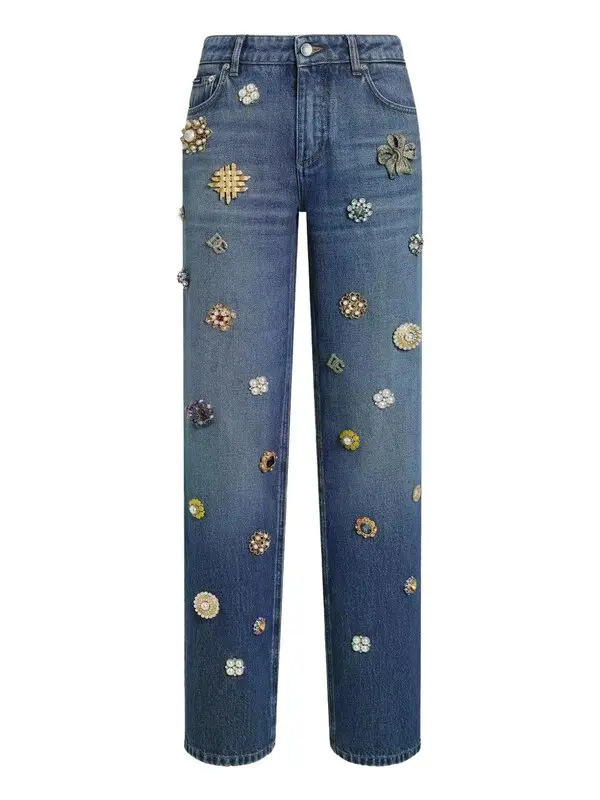 Dolce & Gabbana Embroidered Embellished Straight Jeans - Blue