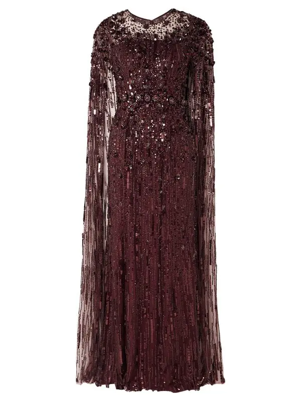 Jenny Packham Ruby Cape-effect Embellished Tulle Gown - Burgundy