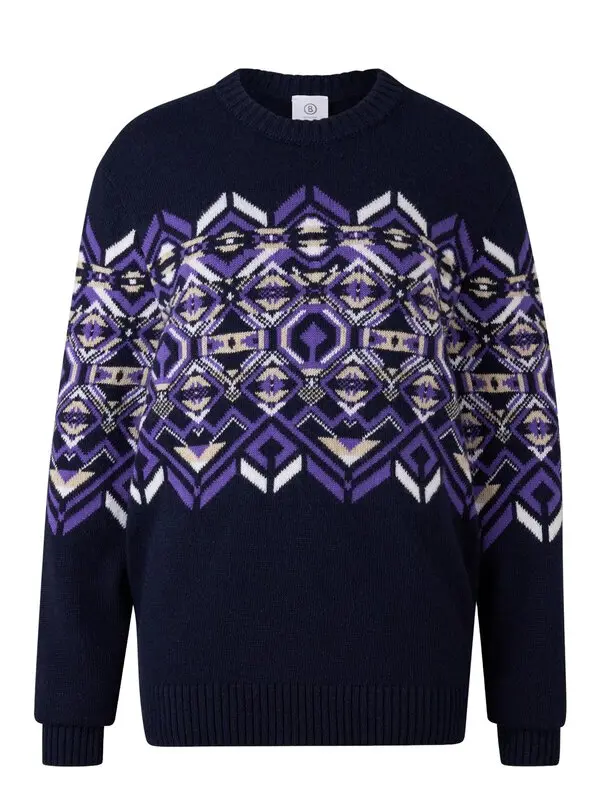 Bogner Patterned Virgin Wool Blend Pullover - Navy Blue/purple