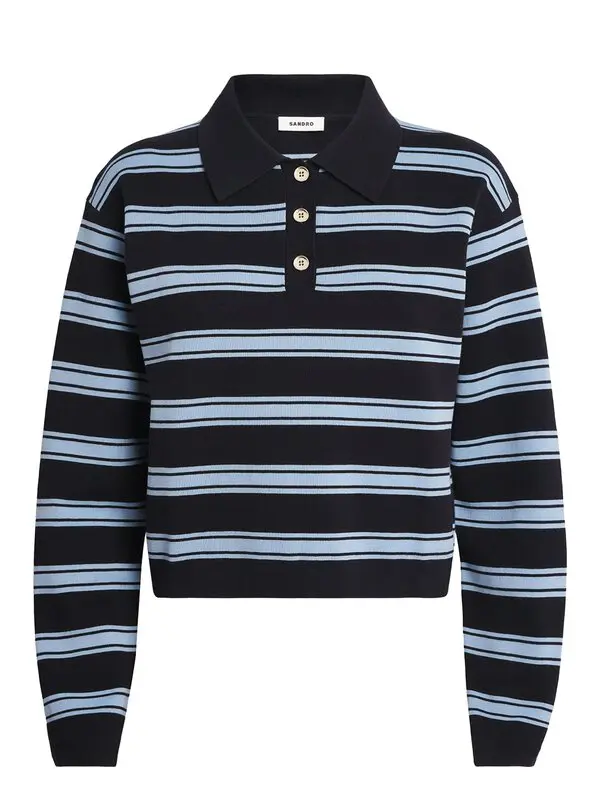 Sandro Striped Cotton, Silk, And Linen Polo Shirt - Blue