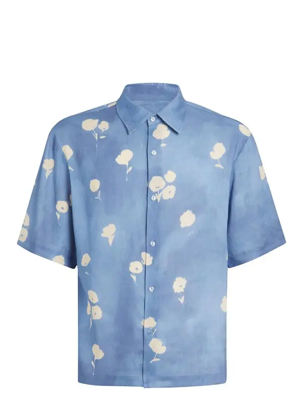 Sandro Linen-blend Floral Short-sleeve Shirt - Blue