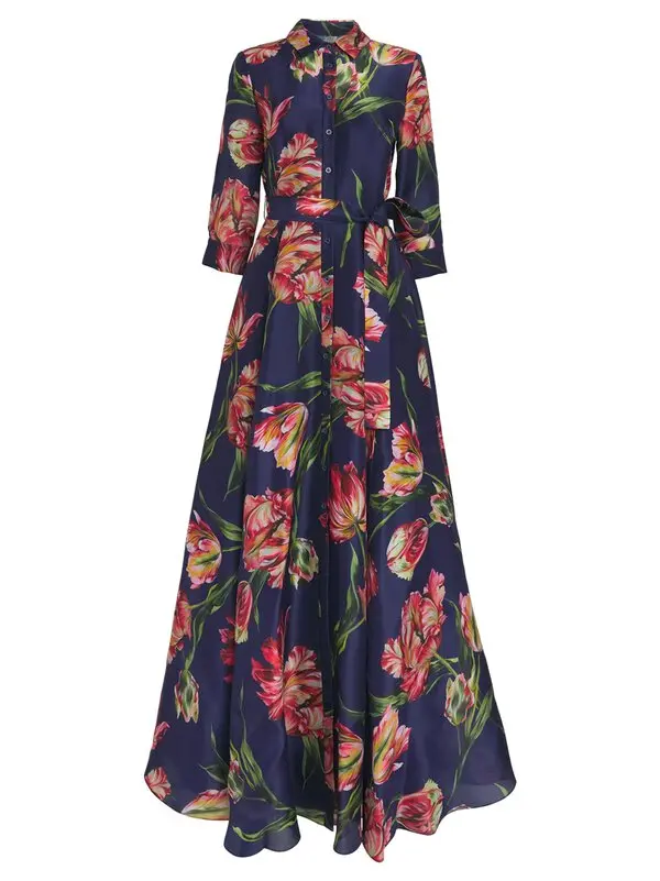 Carolina Herrera Silk Floral Trench Gown - Navy