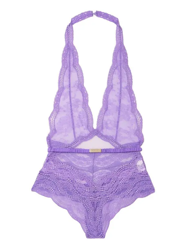 Gucci Belted Stretch-lace And Silk-blend Tulle Halterneck Bodysuit - Purple