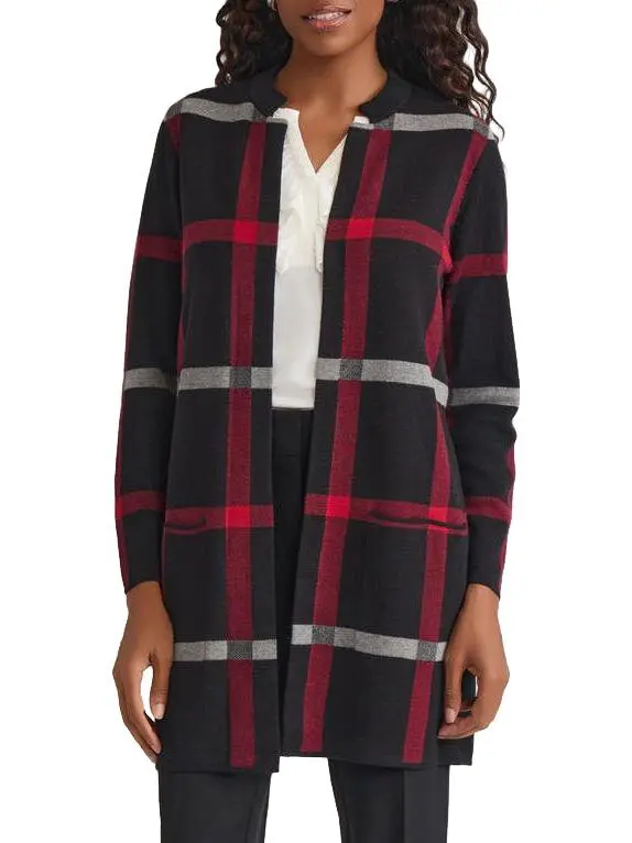 KASPER Plaid Longline Open Front Sweater Coat - Black/fire Red