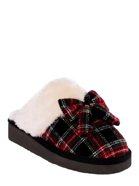 Minnetonka Bow Faux Fur Scuff Slipper - Black Tartan Plaid