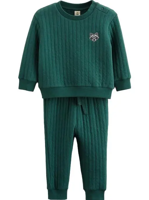 TUCKER + TATE Quilted Sweatshirt And Joggers Set - Green Smoke Raccoon Face
