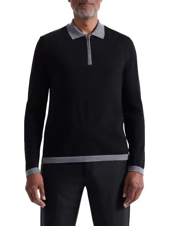 Bugatchi Long Sleeve Merino Wool Quarter Zip Polo Sweater - Black