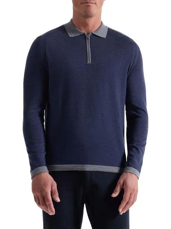 Bugatchi Long Sleeve Merino Wool Quarter Zip Polo Sweater - Navy