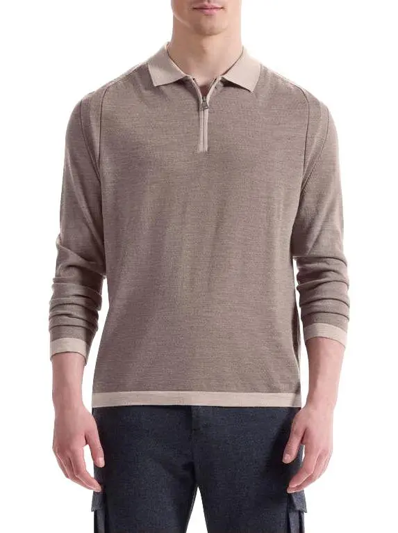 Bugatchi Long Sleeve Merino Wool Quarter Zip Polo Sweater - Walnut