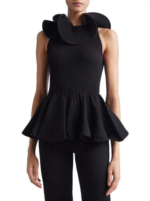 Giambattista Valli Ruffle Collar Peplum Sweater - Black