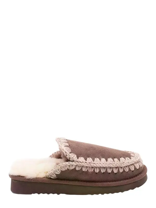 Mou Crochet-detail Sheepskin Slippers - Brown