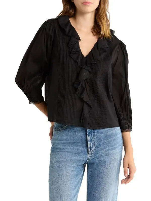 Rails Mare Ruffle Cotton Button-up Top - Black