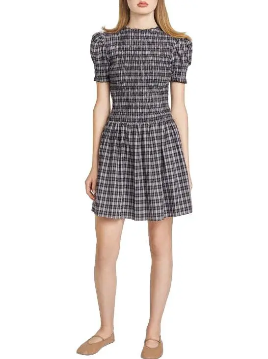 WAYF Eloise Smocked Plaid Mini Dress - Black Plaid