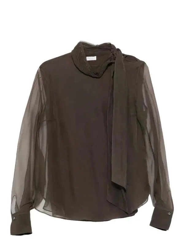 Brunello Cucinelli Embellished Tie-neck Blouse - Brown