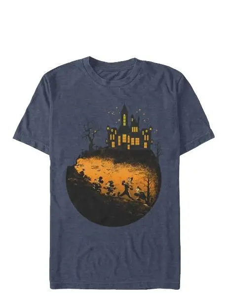 MICKEY & FRIENDS Halloween Mickey Mouse And Haunted House Graphic T-shirt - Navy Blue Heather