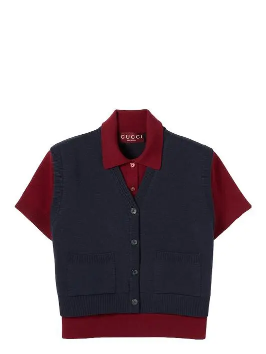 Gucci Wool Silk Polo Top With Vest Overlay - Blue