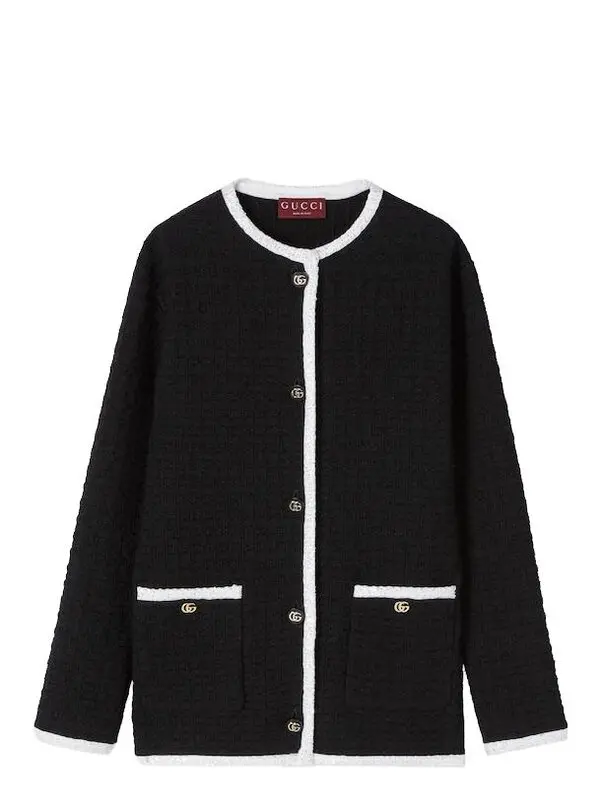 Gucci Tweed Wool Cardigan With Embroidery - Black