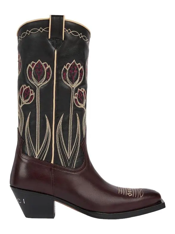 Gucci Leather Boot With Floral Embroidery - Bordeaux