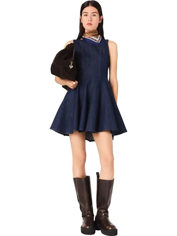Maje Cotton Mini Denim Dress With Ruffles - Navy