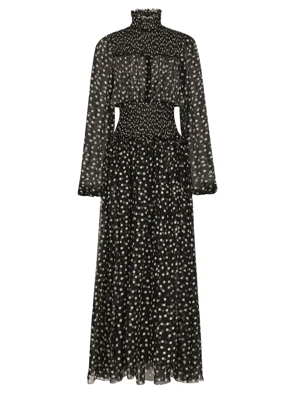 Dolce & Gabbana Chiffon Midi Dress With Smock Stitching And Micro-polka Dot - Print