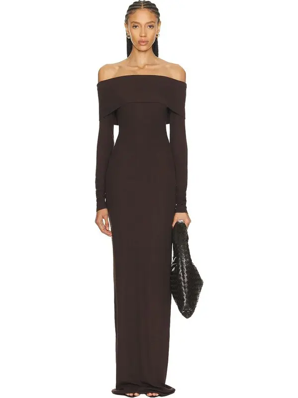 Eterne Long Sleeve Off-shoulder Maxi Dress - Espresso