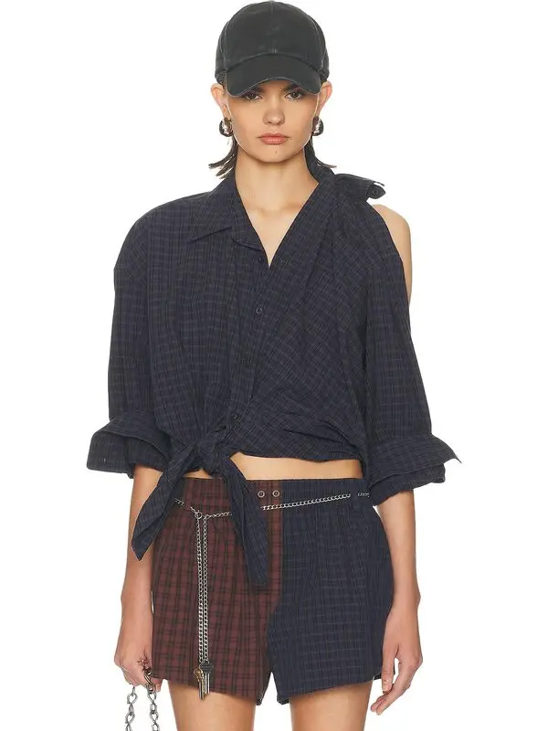 Alexander Wang Knotted Button-down Shirt - Smog Navy Plaid