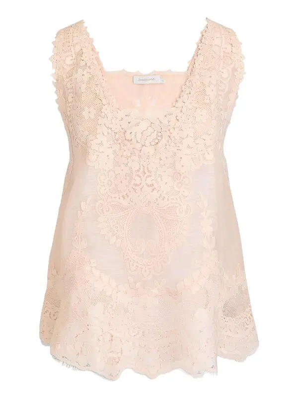 Zimmermann Guipure Lace-paneled Linen And Silk-blend Gauze Tank - Pastel Orange