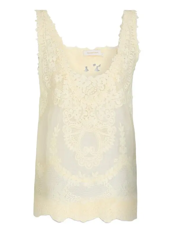 Zimmermann Guipure Lace-paneled Linen And Silk-blend Gauze Tank - Pastel Yellow