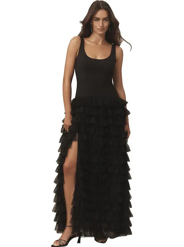 HUTCH Sleeveless Tiered Ruffle Side-slit Maxi Dress - Black