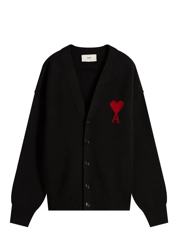Ami Felted Merino Wool Knit Adc Cardigan - Noir/rouge