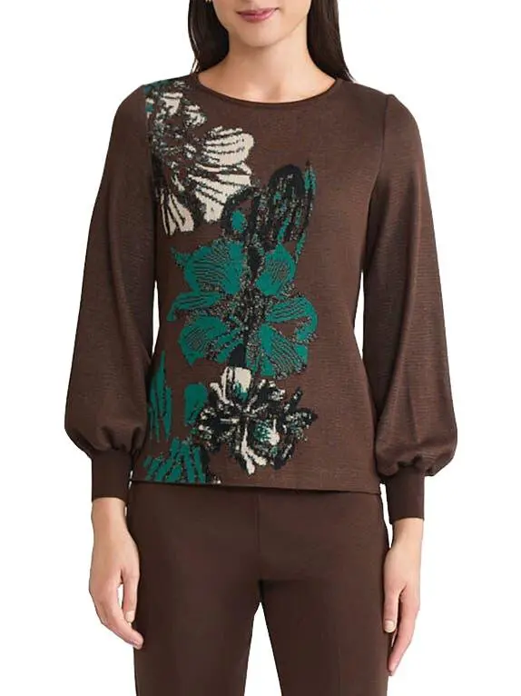 Ming Wang Floral Jacquard Crewneck Sweater - Dark Umber/everest/black